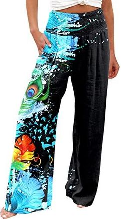 Generic Pantalon Fluide Femme été Chic,Pantalon de Plage décontracté et à la Mode pour Femmes, Taille élastique, Jambes Larges, avec Poches à imprimé Floral c