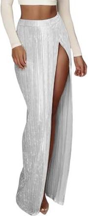 Generic Jupe du Nouvel An &agrave; paillettes pour femme - Jupe &agrave; paillettes dor&eacute;e pour femme - Avec fente - Jupe &agrave; paillettes &eacute;l&eacute;gante - Robe de cocktail sexy - Lon