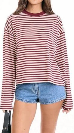 Generic Y2k - Chemise courte ray&eacute;e &agrave; manches longues et col rond pour femme - Chandail ample vintage gothique mignon preppy pull ample, Rouge, S
