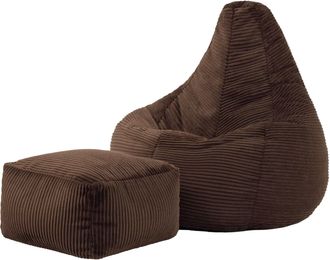 Icon Brand Dalton Sitzsack mit Hocker Cord, Braun, Gaming Sitzsack Erwachsene mit F&uuml;llung, Bean Bag, Cord Sessel, Lounge Sessel, Lounge Stuhl, Schlafzimmer, Wohn