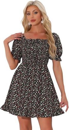 Allegra K Femmes Robe Smockée Manches Bouffantes Col Chérie Ourlet Volanté Fleurs Fleuri Noir-Rouge L