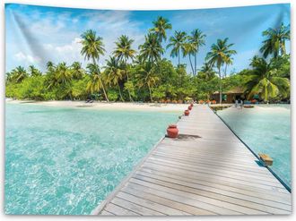 Abakuhaus Tropisch Wandteppich, Malediven-Insel-Strand aus Weiches Mikrofaser Stoff Waschbar ohne Verblassen Digitaldruck, 150 x 110 cm, Farngrün Türkis Aqua