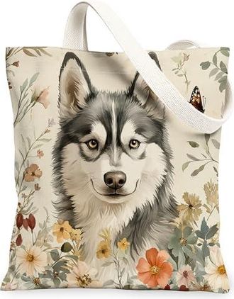Generic Sac fourre-tout en toile motif chien husky printanier 33 x 38,1 cm, sac d&eacute;picerie r&eacute;utilisable pour femme, animal de compagnie, motif voyage, d&eacute;corati