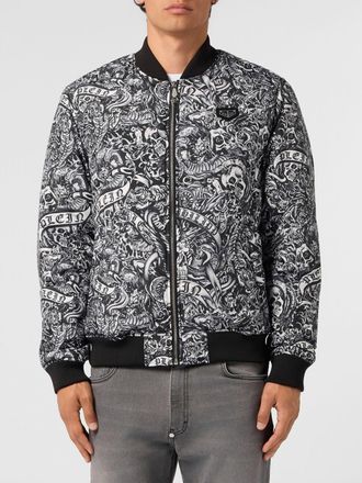 Philipp Plein Blouson aviateur en nylon avec imprim&eacute; monogramme et t&ecirc;te de mort all-over