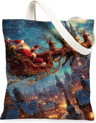 Generic Sacs fourre-tout en toile avec motif de rennes de No&euml;l, sacs d&eacute;picerie r&eacute;utilisables, l&eacute;gers et lavables, Rouge, 13x15 Inch