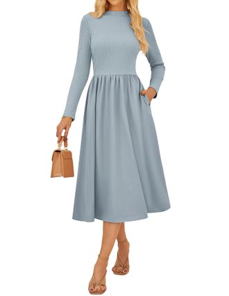 Grace Karin Strickkleid Damen Stehkragen Langarm Herbstkleid High Waist Elegantes A-Linien Midikleid Graublau XXL