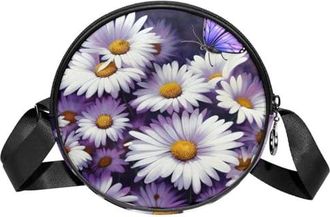 Generic Sac &agrave; bandouli&egrave;re circulaire pour femme, marguerites, papillons, petit sac &agrave; dos &agrave; bandouli&egrave;re avec fermeture &eacute;clair, bretelles r&eacute;glables, sac &agrave; main 