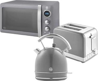 SWAN Retro Frühstücks-Set 1,8 L Wasserkocher, 2 Scheiben Breitschlitz-Brottoaster, 20L Digital-Mikrowelle, 6 Leistungsstufen, Timer, Spiegeltür, Vintage De