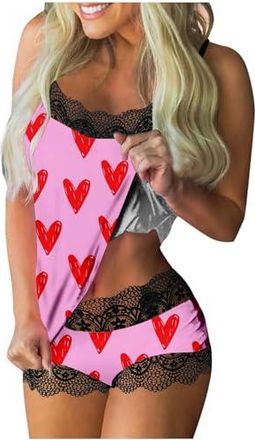 Generic Pyjama sexy en satin pour femme avec motif amusant de Saint-Valentin - Combinaison courte sans manches - Lingerie d&eacute;shabill&eacute;e - V&ecirc;tement de nuit deux 