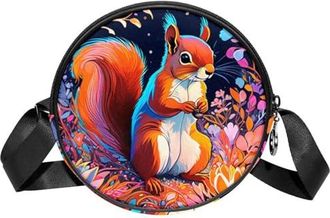 Generic Sac &agrave; bandouli&egrave;re rond pour femme, motif &eacute;cureuil color&eacute;, petit sac &agrave; dos &agrave; bandouli&egrave;re avec fermeture &eacute;clair, bretelles r&eacute;glables, sac &agrave; main rond d&eacute;