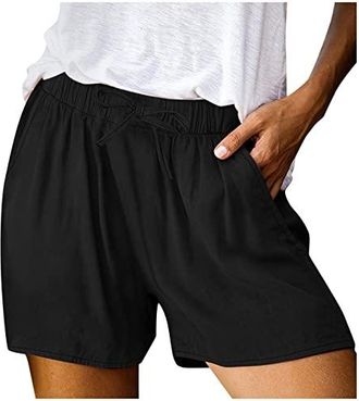 Generic Short Lin Coton Femme &eacute;t&eacute; Chic Leger Fluide Pas Cher Shorts Habill&eacute; Femme Grande Taille &eacute;lastique avec Poches Confortable Ample Mode 2025 Casual Sport