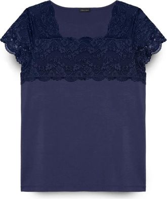 Fiorella Rubino Femme, Blouses et Chemises, Bleu, Taille: 42 FR T-shirt en jersey avec empi&egrave;cement en dentelle