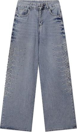 Generic Jean Homme Jeans Homme Week-End/Voyage Pantalon en Jean R&eacute;tro Entrejambe Tombant Ample Strass D&eacute;chir&eacute; - Bas Large Casual avec Embellissements Luxe