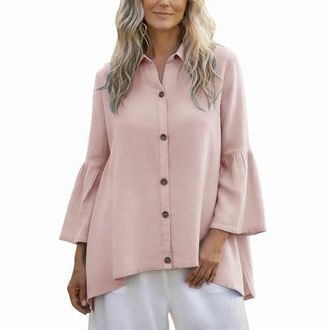 Generic Chemise en lin pour femme - &Eacute;t&eacute; - Manches longues - &Eacute;l&eacute;gant - En lin - Avec boutons - Chemisier en mousseline confortable - Manches trompettes - Chemi