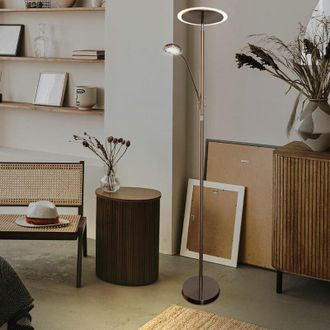 ETC Shop Lampadaire Lampadaire Lampe de chambre Verre satiné, éclairage vers le haut, métal nickel mat, 1x led 15W 1x led 3 w 3000K, HxLxP 180x50x30 cm