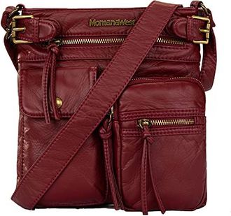 Montana West Sac &agrave; bandouli&egrave;re pour femme en cuir d&eacute;lav&eacute; doux multi-poches, rouge bordeaux, Small
