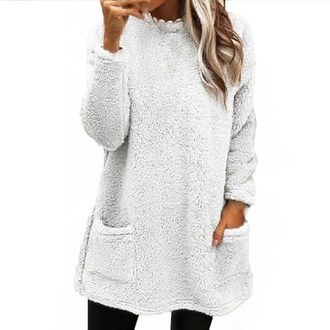 Generic 2026 Pull en Peluche pour Femme - sans Capuche - Chaud - avec Poches - Pull dhiver uni - Manches Longues - Doux et Confortable - Col Rond - D&eacute;contract