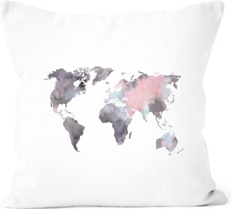 Autiga Kissenbezug Weltkarte Wasserfarben Watercolor World Map Kissen-H&uuml;lle Deko-Kissen Baumwolle wei&szlig;-grau Unisize