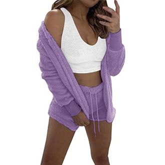 Generic Pyjama moelleux pour femme, col &agrave; revers, manches longues et short, ample, respirant, ensemble de pyjama de couleur unie, confortable, doux et soyeux,