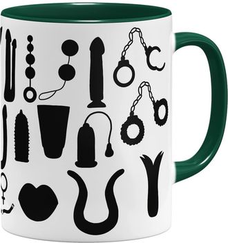 OM3 witzige Kaffee-Tasse Kaffeetasse mit Sex Toys-Muster Doodle - Keramik Becher - 11oz 325ml - Rundumdruck - Gr&uuml;n