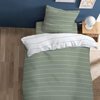 Matt & Rose Lichen Stripes Parure de Lit Enfant 1 Place Imprimée Réversible | 100% Coton | Oeko-TEX | Housse de Couette 135x200cm + taie doreiller 80x80 cm | Vert