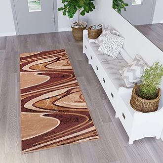 Tapiso Dream Tapis de Couloir Long Entr&eacute;e Salon Chambre Bureau Ado Design Moderne Marron Beige Abstrait Motif Ondes Vagues Poil Court Fin Tapis au M&egrave;tre 60 x