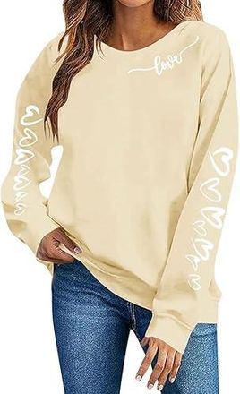 Generic Hauts de Saint-Valentin pour femme avec imprim&eacute; coeur - Pull &agrave; manches longues et col rond - Pull d&eacute;contract&eacute; ample, beige, XXL