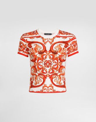 Dolce & Gabbana T-shirt Aus Jersey Mit Majolika-print - Frau T-shirts Und Sweatshirts Mehrfarbig 36