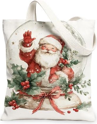 Generic Sacs fourre-tout en toile de vacances, motif P&egrave;re No&euml;l vintage, sacs de courses r&eacute;utilisables, sacs de courses festifs de No&euml;l respectueux de lenviron