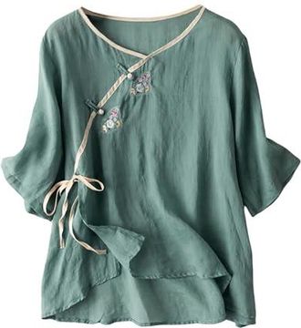 Generic Tunique en coton et lin pour femme - Haut boh&egrave;me brod&eacute; pour femme - Chemisier vintage &eacute;l&eacute;gant &agrave; manches 3/4 et col en V - Coupe ample - Ourlet fluide 