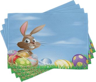 Abakuhaus Ostern Platzmatten, Gemalte Ostereier mit Punkten Chevron Zigzags und Streifen in einem Korb-Karikatur-Häschen, Tiscjdeco aus Farbfesten Stoff für das