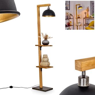 HOFSTEIN Stehleuchte Baval, moderne Stehlampe aus Metall/Holz in Nickel-Antik/Natur/Schwarz/Gold, Standlampe m. verstellbarem Schirm, Fußschalter am Kabel, Abl
