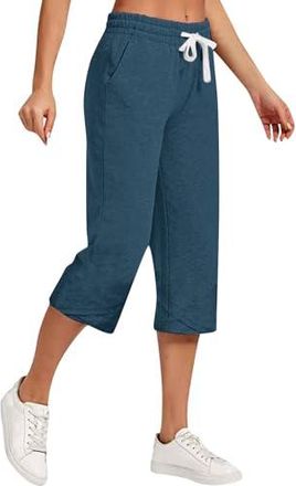 Generic Pantacourt en lin pour femme, pantalon court en lin pour femme, taille &eacute;lastique, jambe droite, avec poches, couleur unie, pantalon 3/4 avec cordon de