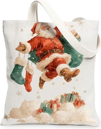 Generic Sacs fourre-tout en toile sur le th&egrave;me des vacances, sacs de courses r&eacute;utilisables, imprim&eacute;s de No&euml;l vintage, l&eacute;gers et lavables avec bandouli&egrave;re en t