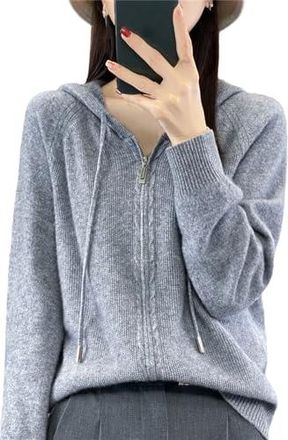 Generic Cardigan &agrave; capuche zipp&eacute; en laine m&eacute;rinos pour femme - Automne et hiver - Manches longues - En cachemire uni, gris, M