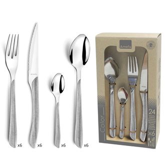 Amefa ECLAT Besteck Set NATURE Grau Holz Essbesteck 24-teilig f&uuml;r 6 Personen Edelstahl rostfrei Kunststoff-Griffschalen in Holzoptik sp&uuml;lmaschinenfest Beste