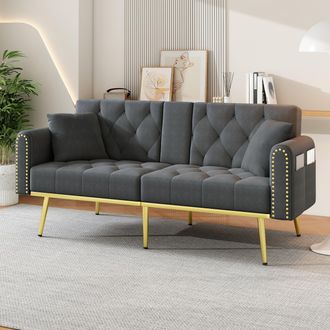 Generic Schlafsofa 3 Sitzer Samt mit Getr&auml;nkehalter Goldene Beine Couch mit Schlaffunktion Mittelarmlehne 3-Pos. Verstellbar Seitentaschen G&auml;stebett Kleine R&auml;
