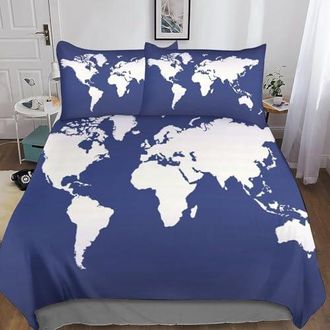Generic Housse de Couette 240 x 260 Carte du Monde Parure de Lit 2 Personnes Motifs Bleu Foncé 3 Pièces Housse Couette en Microfibre Douce Imprimé 3D avec 2 T
