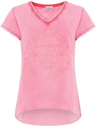 Zwillingsherz Kurzarmshirt Positive Mind Neonkante ausgefranste Kanten, V-Ausschnitt mit Neonkante, kurzarm, Stempeldruck