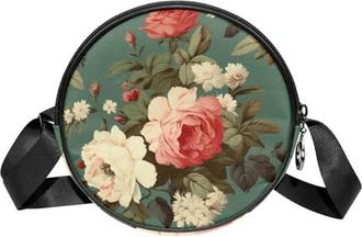 Generic Sac &agrave; bandouli&egrave;re rond pour femme, sac &agrave; bandouli&egrave;re classique vintage &agrave; motif floral avec fermeture &eacute;clair, bretelles r&eacute;glables, sac &agrave; main rond d&eacute;co