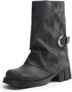 Generic Bottes mi-Mollet pour Femmes Chunky Block Heels Round Toe Slip on Retro Casual Shoes avec Boucle Bottines Courtes Chevilles Noires pour Soirée,Noir,41