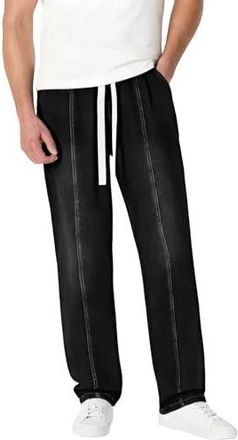 Generic Jean en coton extensible doux pour homme, coupe confortable avec poches, style décontracté au quotidien, style vintage, Noir, 3XL