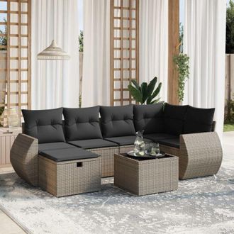 vidaXL 7-tlg. Garten-Sofagarnitur mit Kissen Grau Poly Rattan - Vidaxl