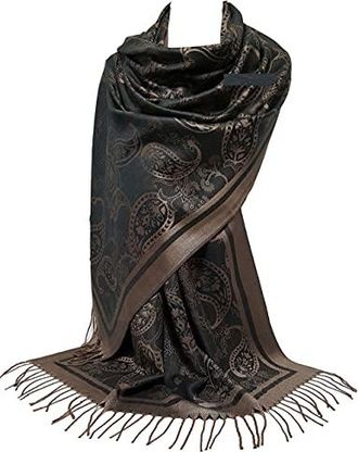 GFM Écharpe style pashmina en plumes motif cachemire floral -S1-Noir Marron- (PASH-2054-KLKEK)