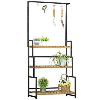 OUTSUNNY Porte plante suspendue en bois &eacute;tag&egrave;re &agrave; plantes &eacute;chelle &agrave; fleurs supports de pots porte plante 3 niveaux + barre support avec 4 crochets en m&eacute;tal - 8