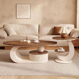 Generic 2-teiliger Couchtisch aus Massivholz Moderner, freistehender Wohnzimmertisch mit Schubladen und Stauraum Ovales Beistelltisch-Set Einfache Montage for