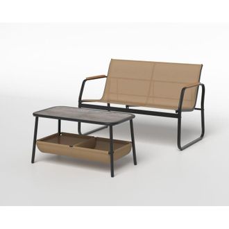Costway Costway - Ensemble de Causeuse et Table Basse dExt&eacute;rieur avec 2 Compartiments de Rangement, Tissu Respirant et Cadre en M&eacute;tal, pour Balcon, Porche