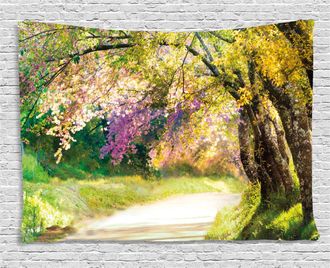 Abakuhaus Landschaft Wandteppich, Frühlings-Park-Gehweg, Wohnzimmer Schlafzimmer Heim Seidiges Satin Wandteppich, 200 x 150 cm, Grün Braun