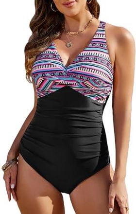 Heekpek Maillot de Bain Femme 1 Piece Gainant Ventre Plat Push Up Rembourr&eacute; Taille Haute Maillot de Bain Une Piece Femme Retro Swimsuit avec Avant Crois&eacute;, Col