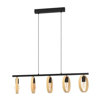 Eglo Pendelleuchte Ipsden, 5 flammige H&auml;ngelampe, minimalistisch, H&auml;ngeleuchte aus Holz in Natur und Metall in Schwarz, Esstischlampe, Wohnzimmerlampe h&auml;ng